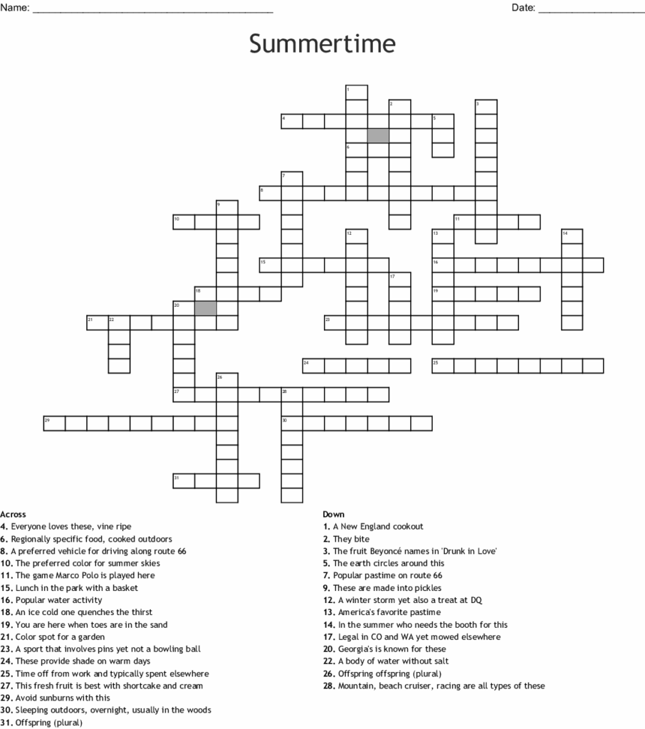 Summer Crossword Puzzle Free Printable - Elmo Coloring Sheets